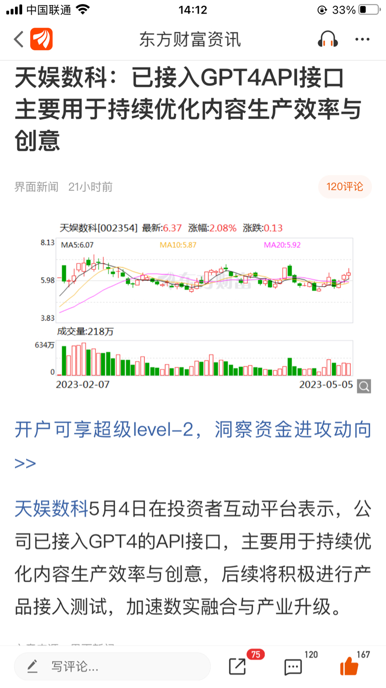 $天娱数科(SZ002354)$第一个正式开始应用GPT-4的企业，所有热点你几乎都占了， Al人工智能，gpt4，AiGC，A_财富号_东方财富网