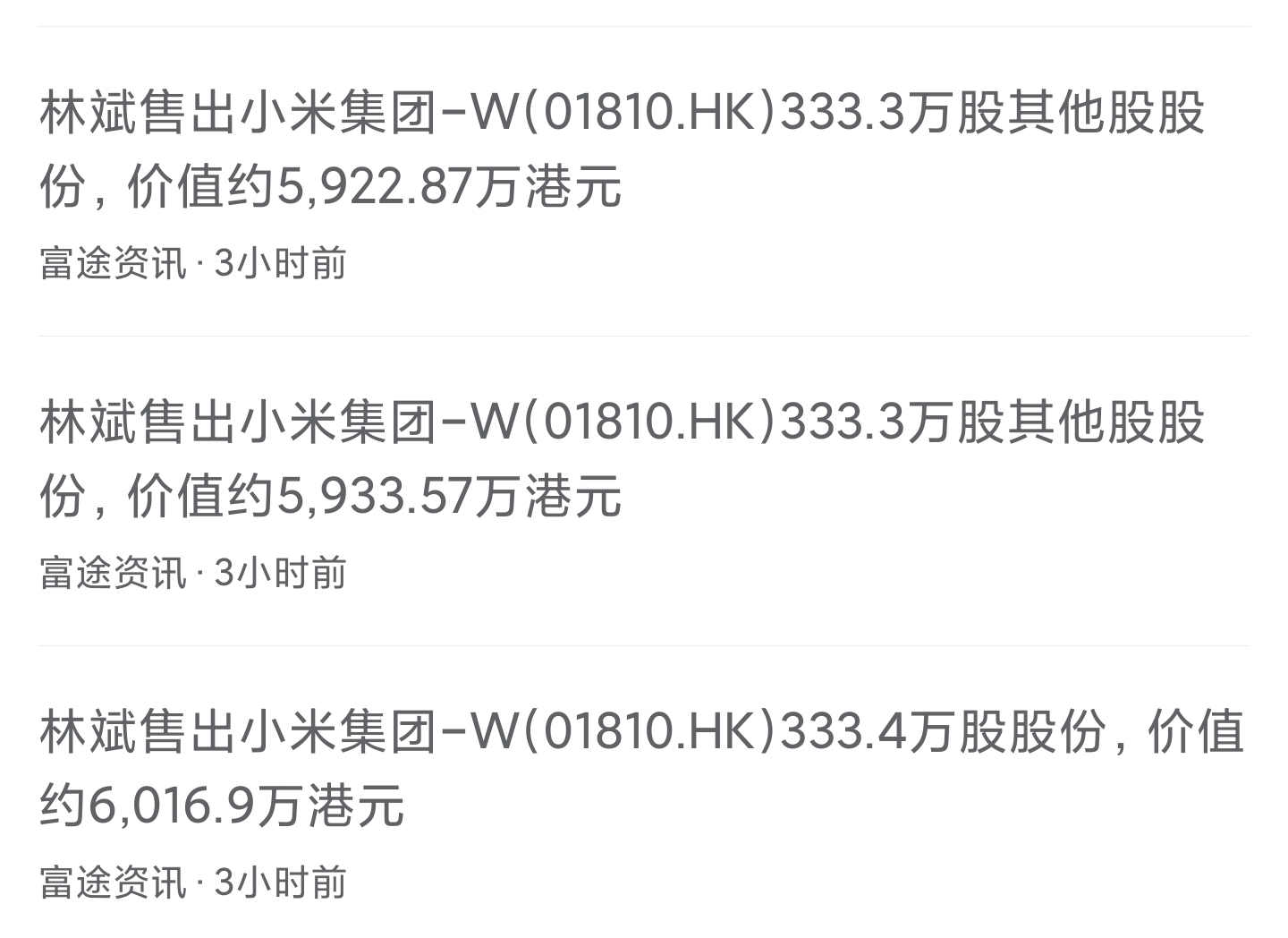 连续三天减持达到1000万股。怪不得这几天这么疲软。_小米集团-W(hk01810)股吧_东方财富网股吧