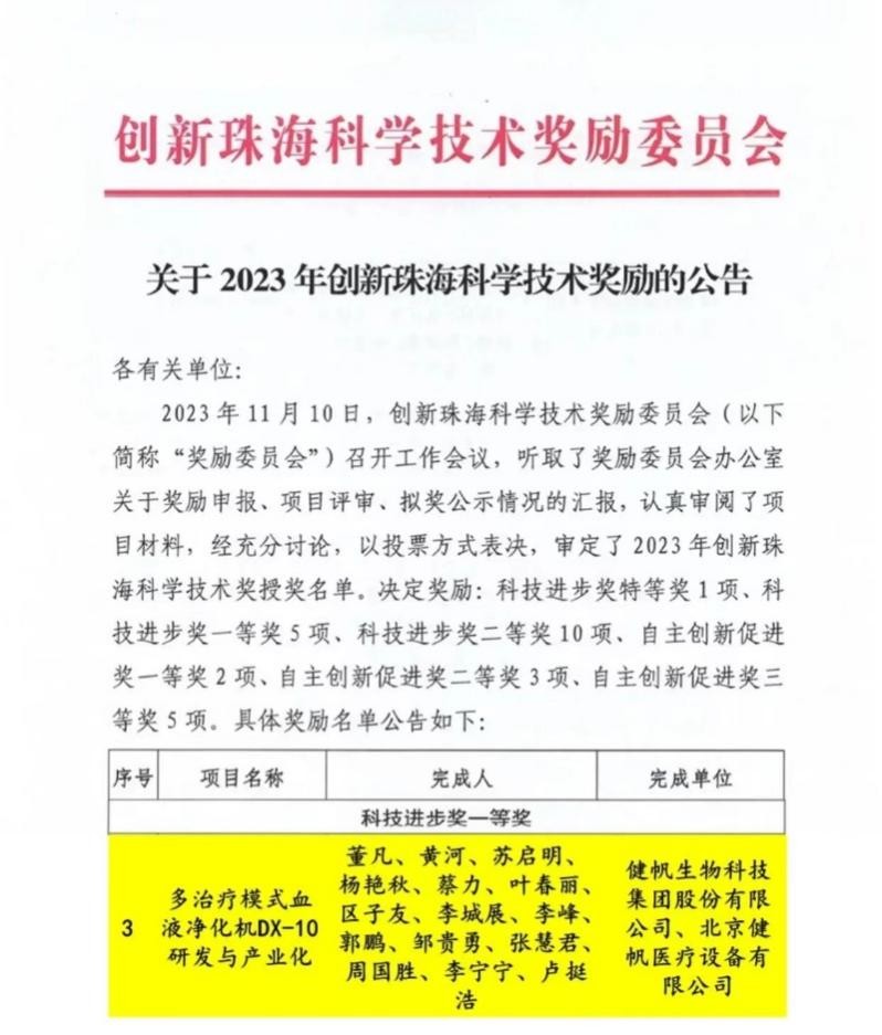 健帆DX-10血液净化机荣获2023年珠海科技进步一等奖_财富号_东方财富网