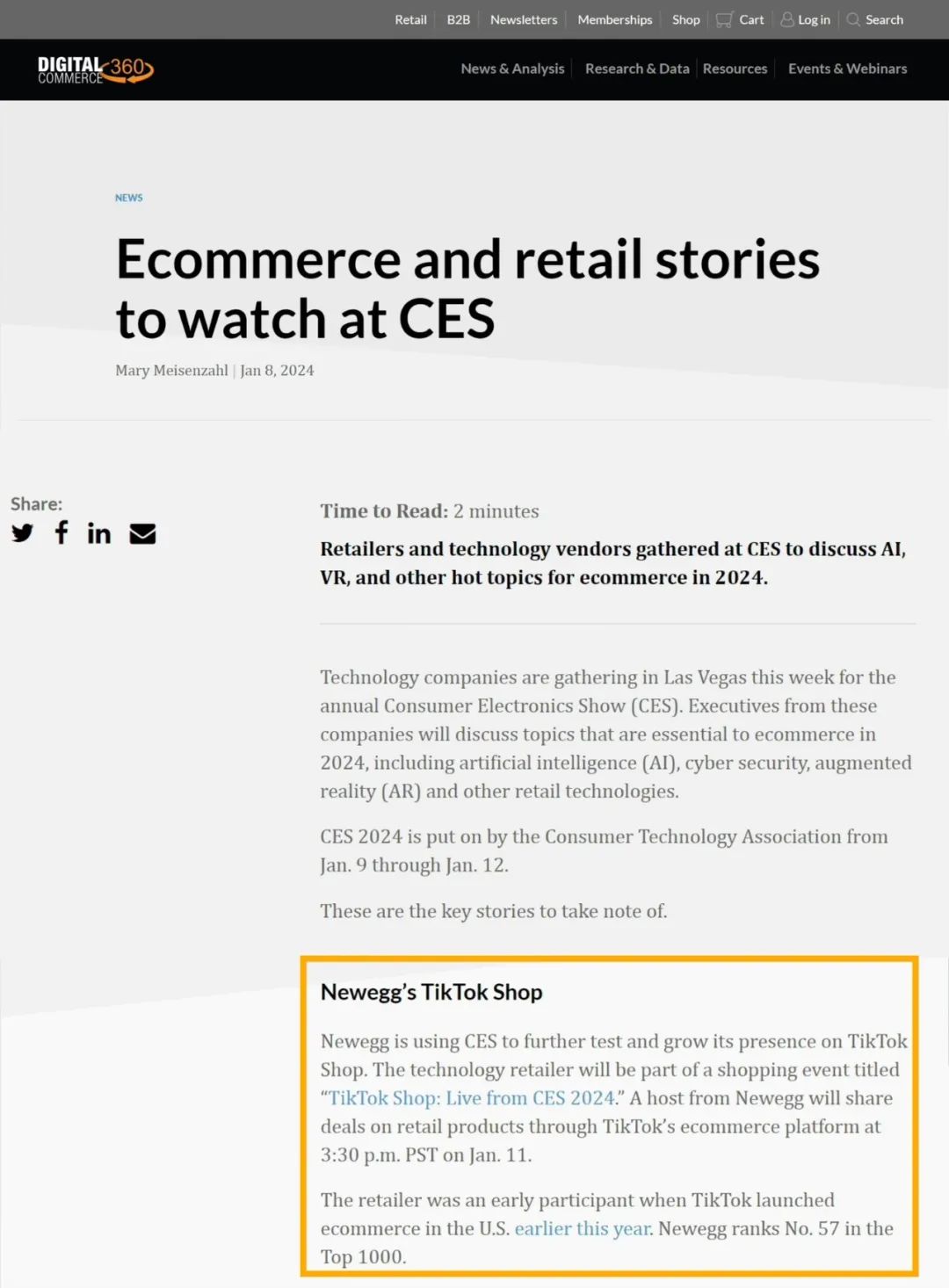 联络旗下新蛋上榜全球电商研究机构Digital Commerce 360发布的2024 CES NEWS_财富号_东方财富网