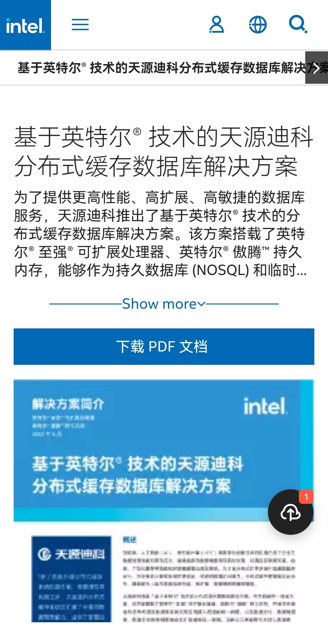 基于英特尔 技术的天源迪科分布式缓存数据库解决方案，截图自英特尔网站_财富号_东方财富网