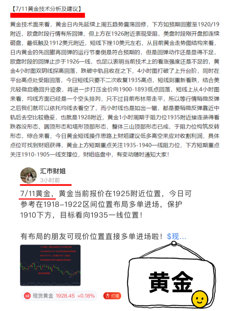 【7/11黄金技术分析及建议】黄金技术面来看，黄金日内先延续上周五趋势震荡回修，_财富号_东方财富网